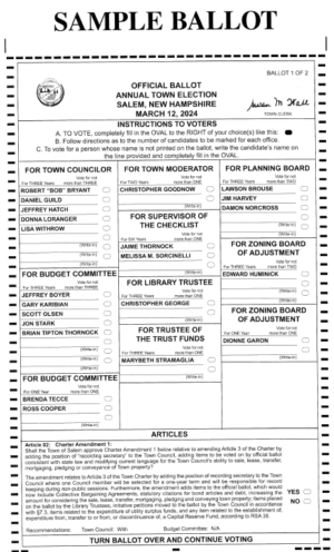 March 2024 Town Meeting Election Sample Ballot - Salem Town Hall Times